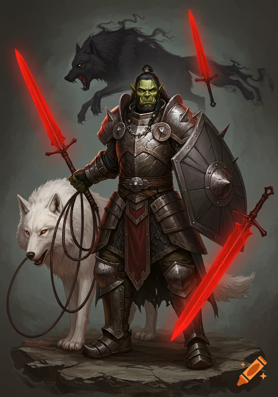 Orc sorcerer in heavy armor with whip, shield, red spectral swords ...