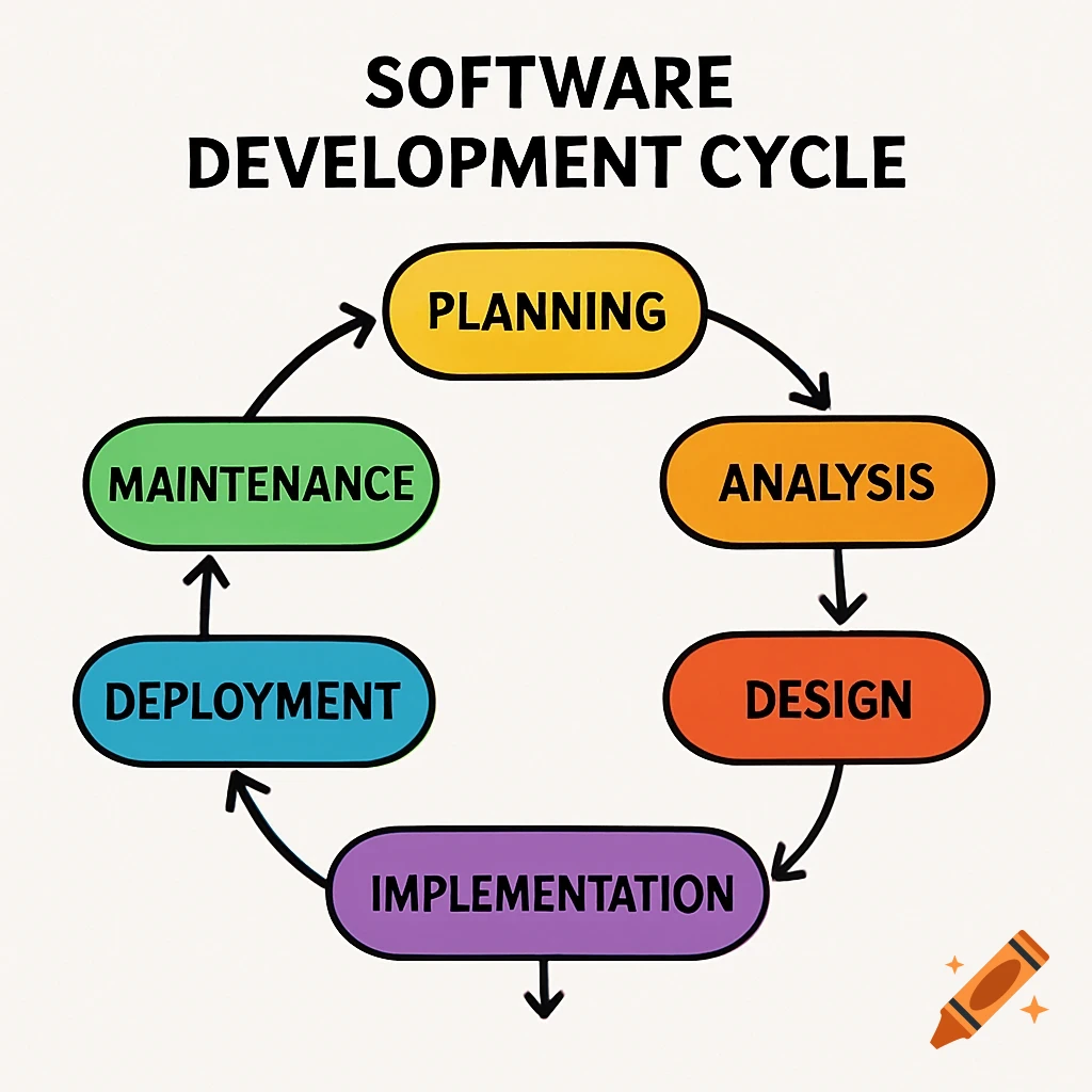 Diagram showing the software development cycle phases: Planning, Analysis, Design ...