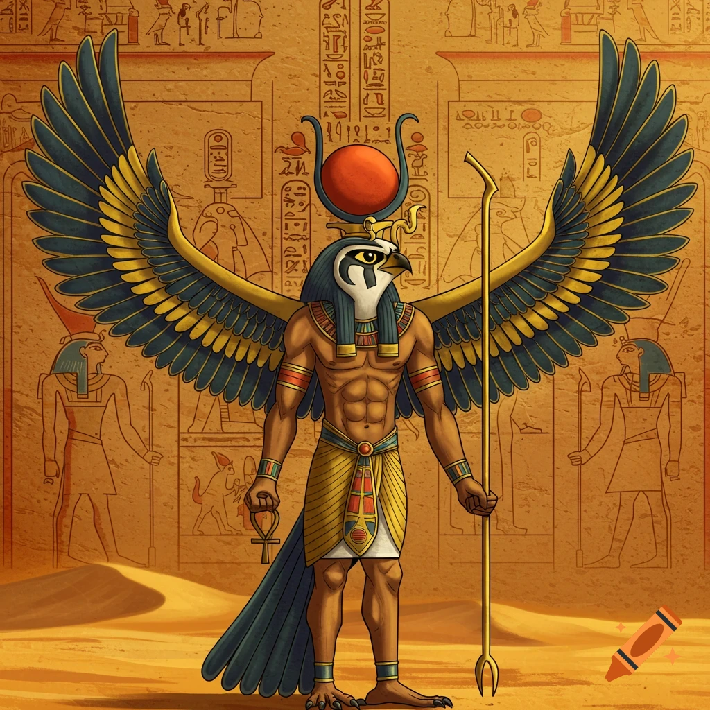 Egyptian god Horus with falcon head, sun disk crown, wings, standing in ...