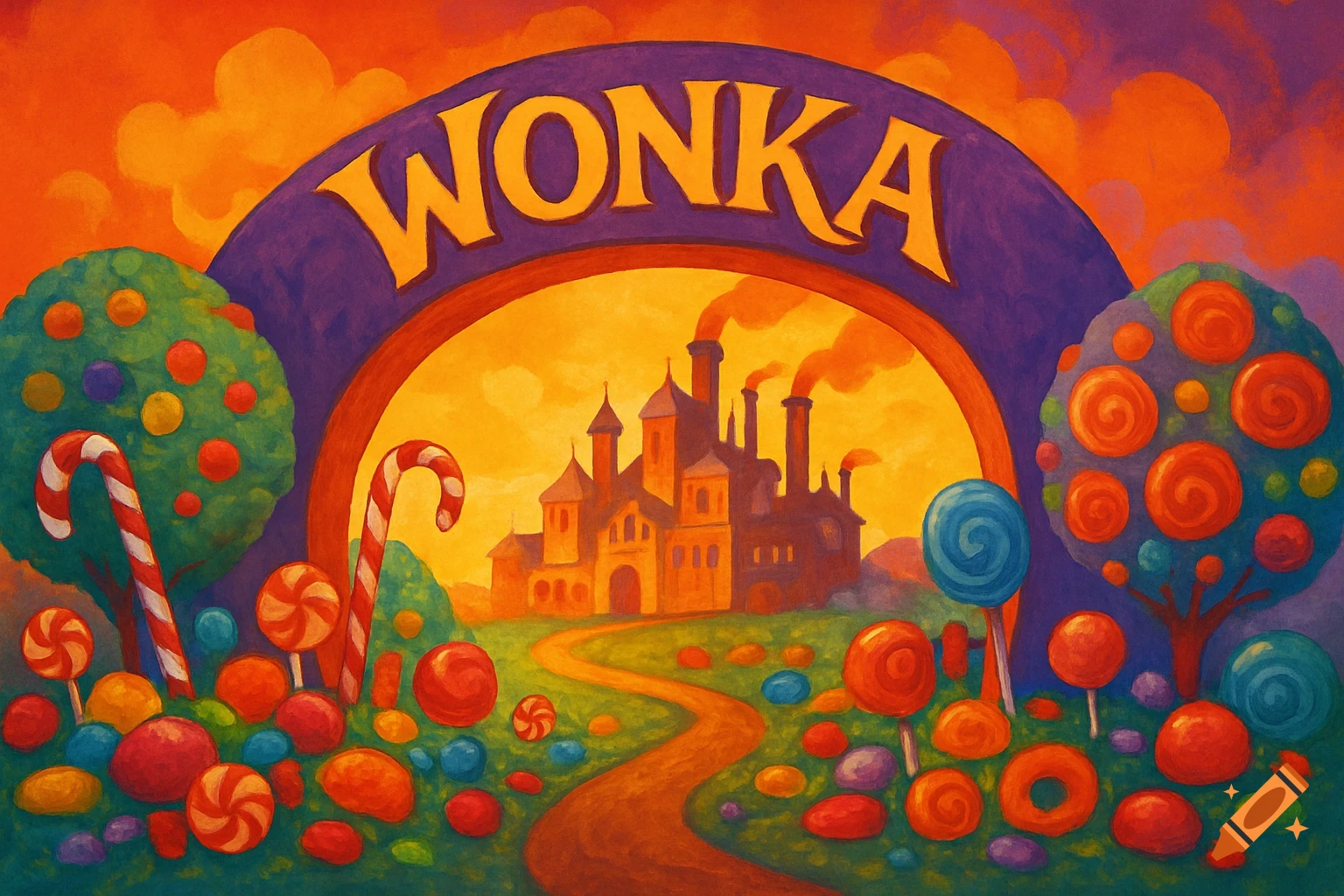 Illustration of a candy land with a 'WONKA' arch, factory, candy trees ...