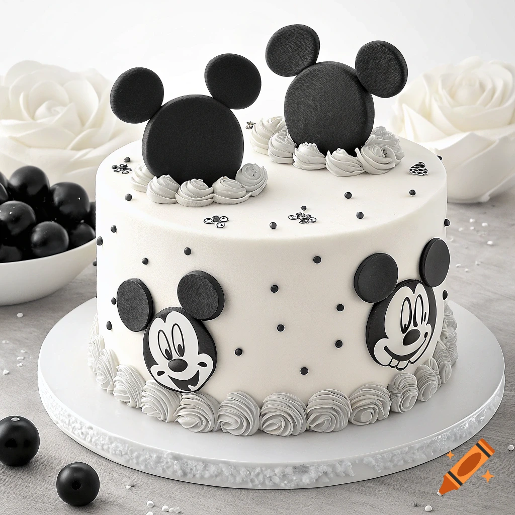 A white cake decorated with black Mickey Mouse heads and swirling ...