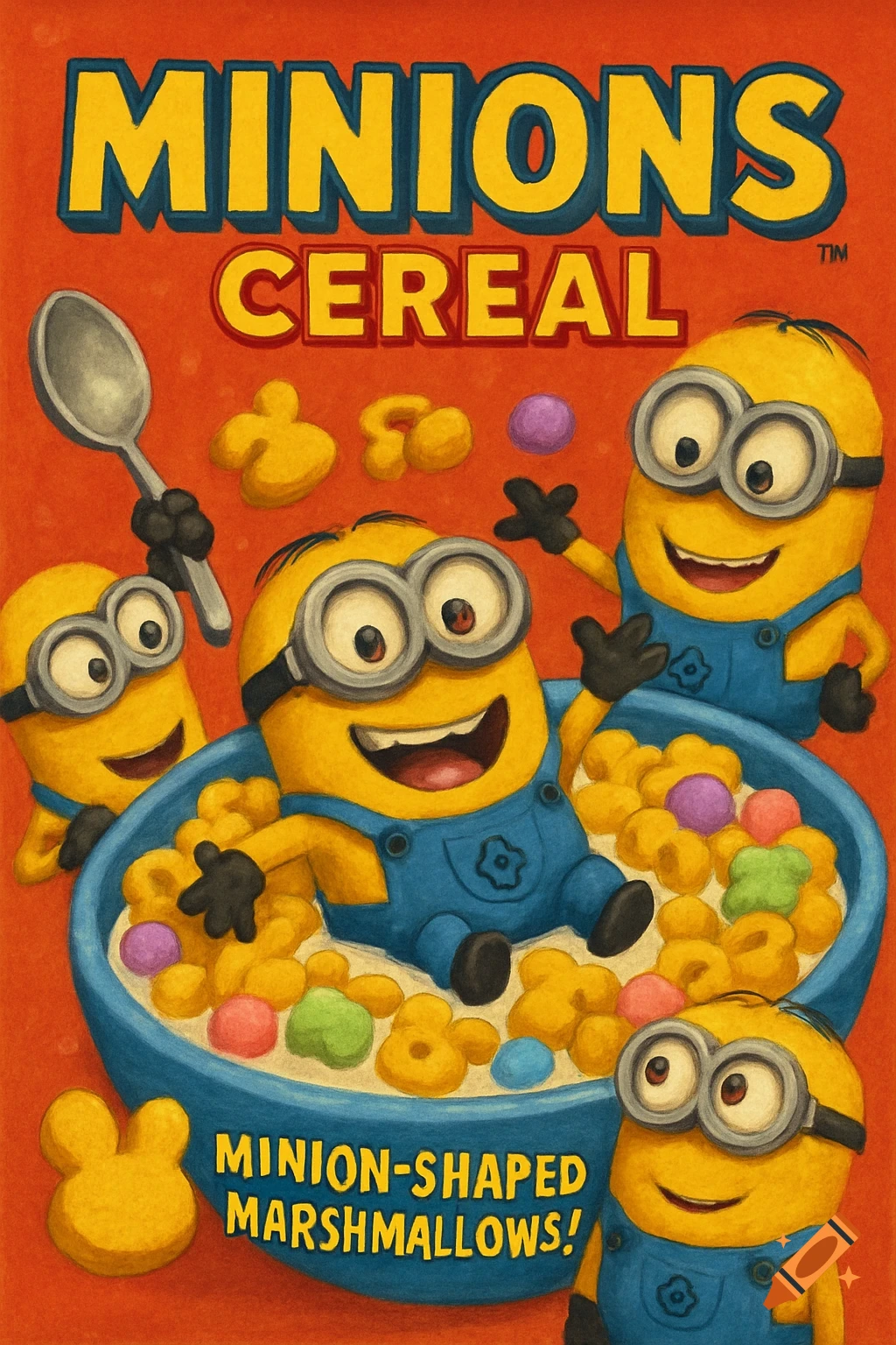 Minions cereal box illustration with characters, text, and cereal. on ...