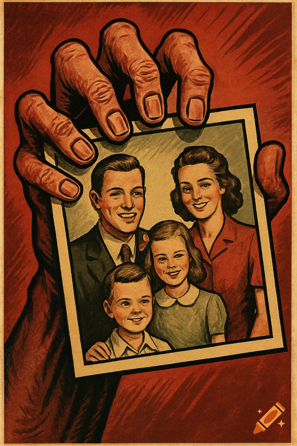 Large hand holds a vintage family photo in the style of a 1940s ...