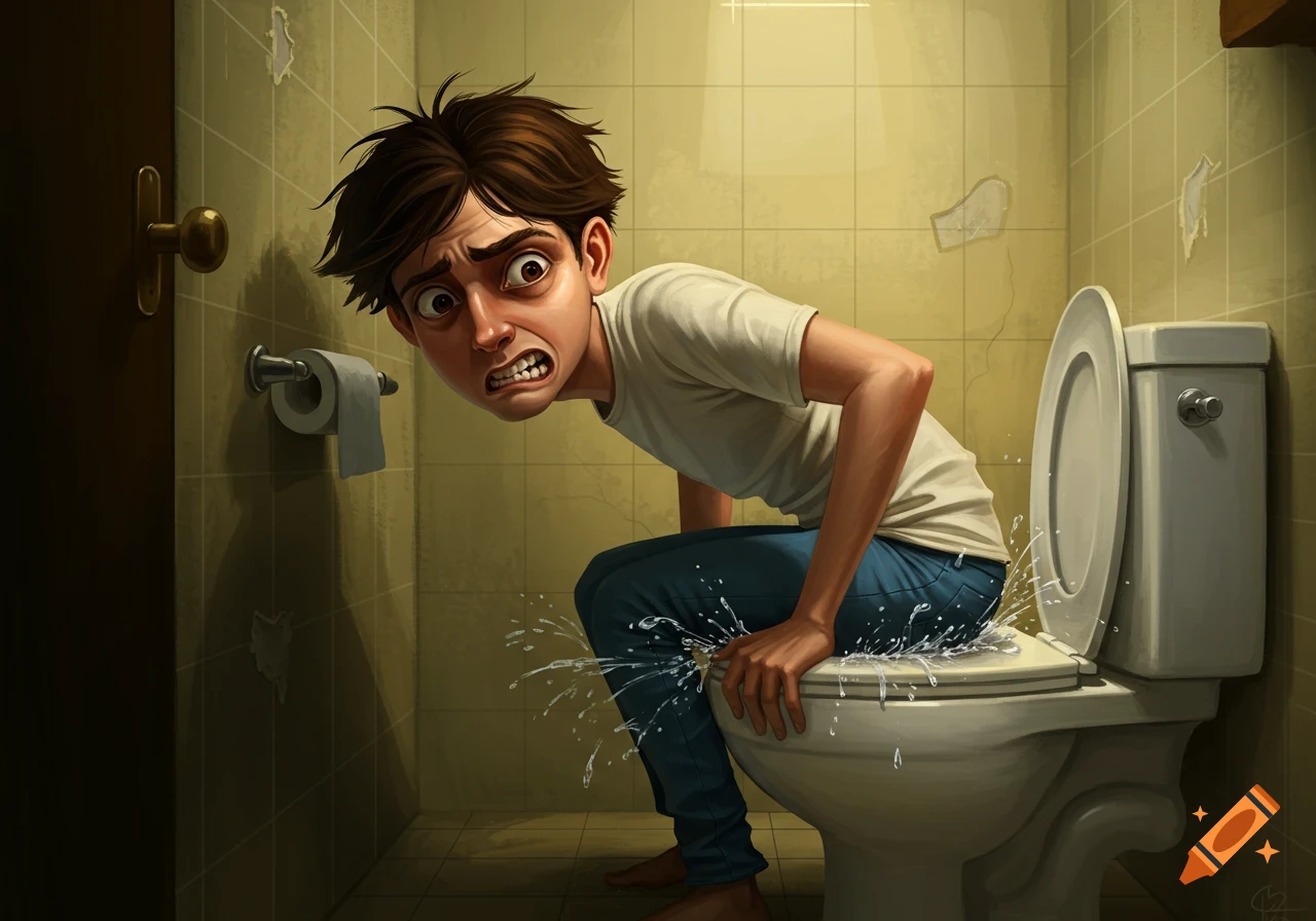 Cartoon illustration of a man with a pained expression struggling on a ...