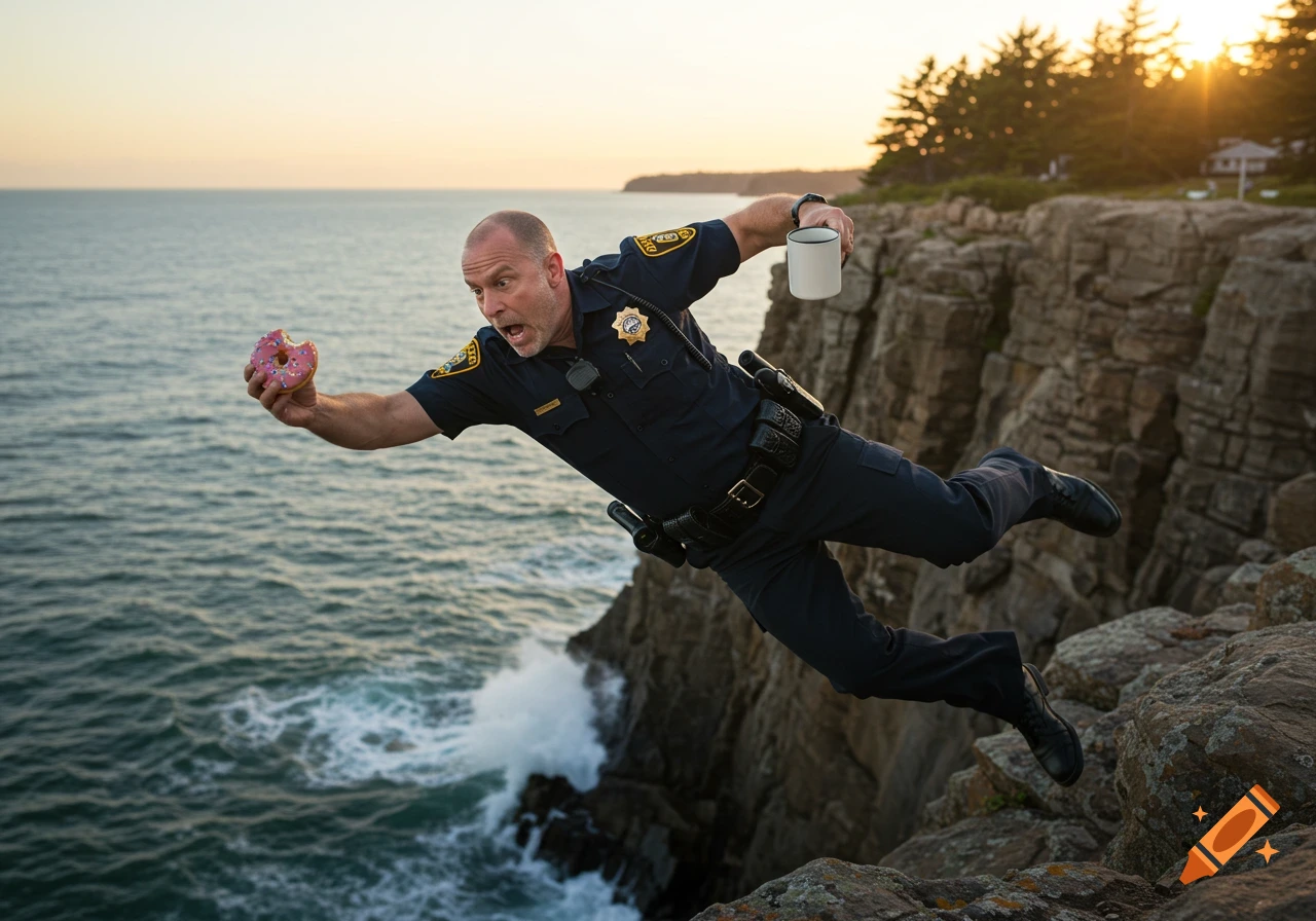 Police officer falling off a cliff while holding a donut and coffee. on ...