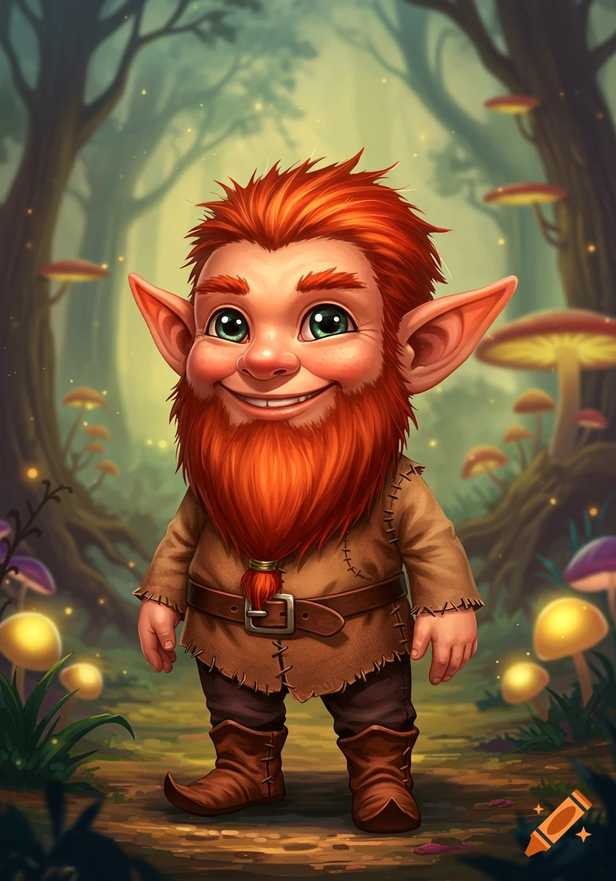 A smiling cartoon fantasy creature with red hair in a magical forest ...