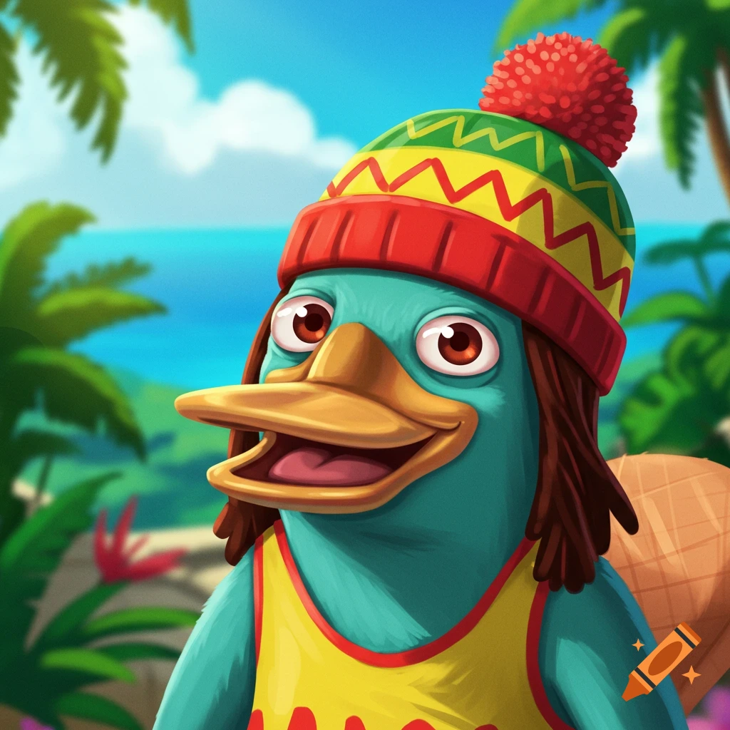 Cartoon platypus character wearing a Rasta beanie and tank top on a ...