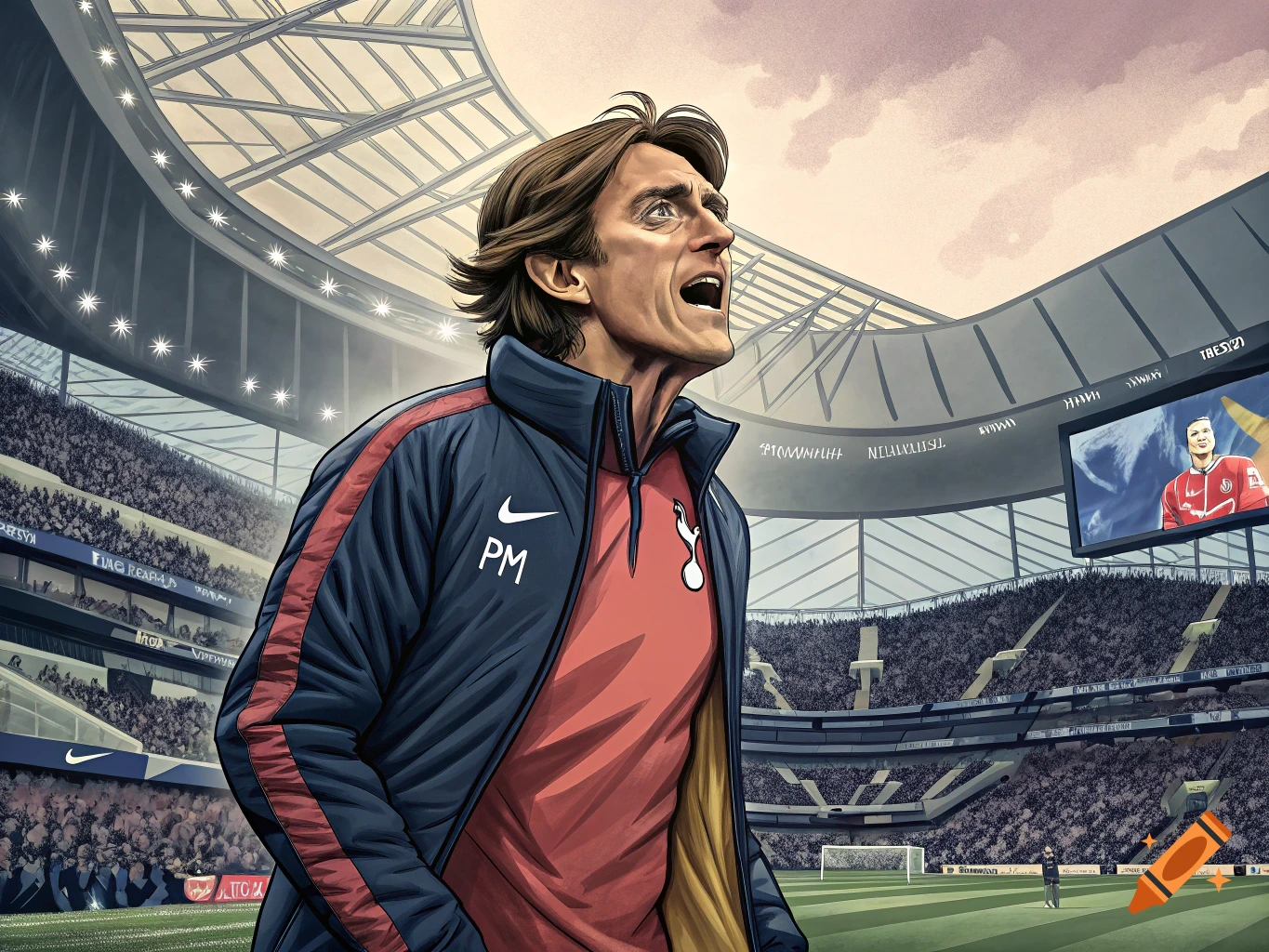 Anime style illustration of a football manager shouting in a stadium ...