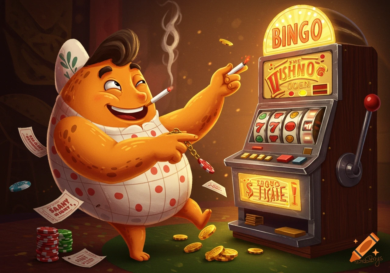 Cartoon character smoking and pointing at a slot machine, with money ...