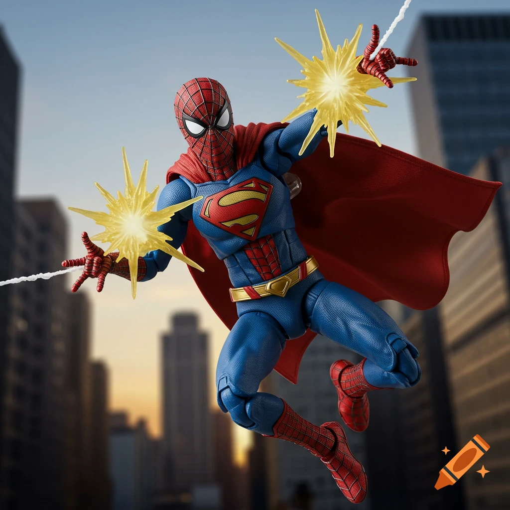 Action figure combining Spider-Man and Superman, swinging with energy ...
