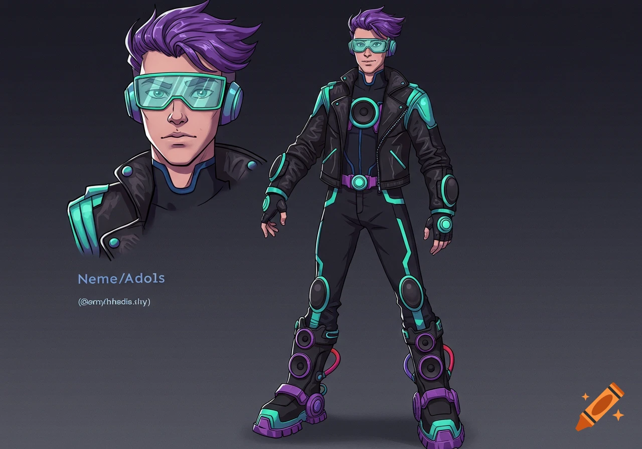 Character design of a male teenager superhero with purple hair and ...