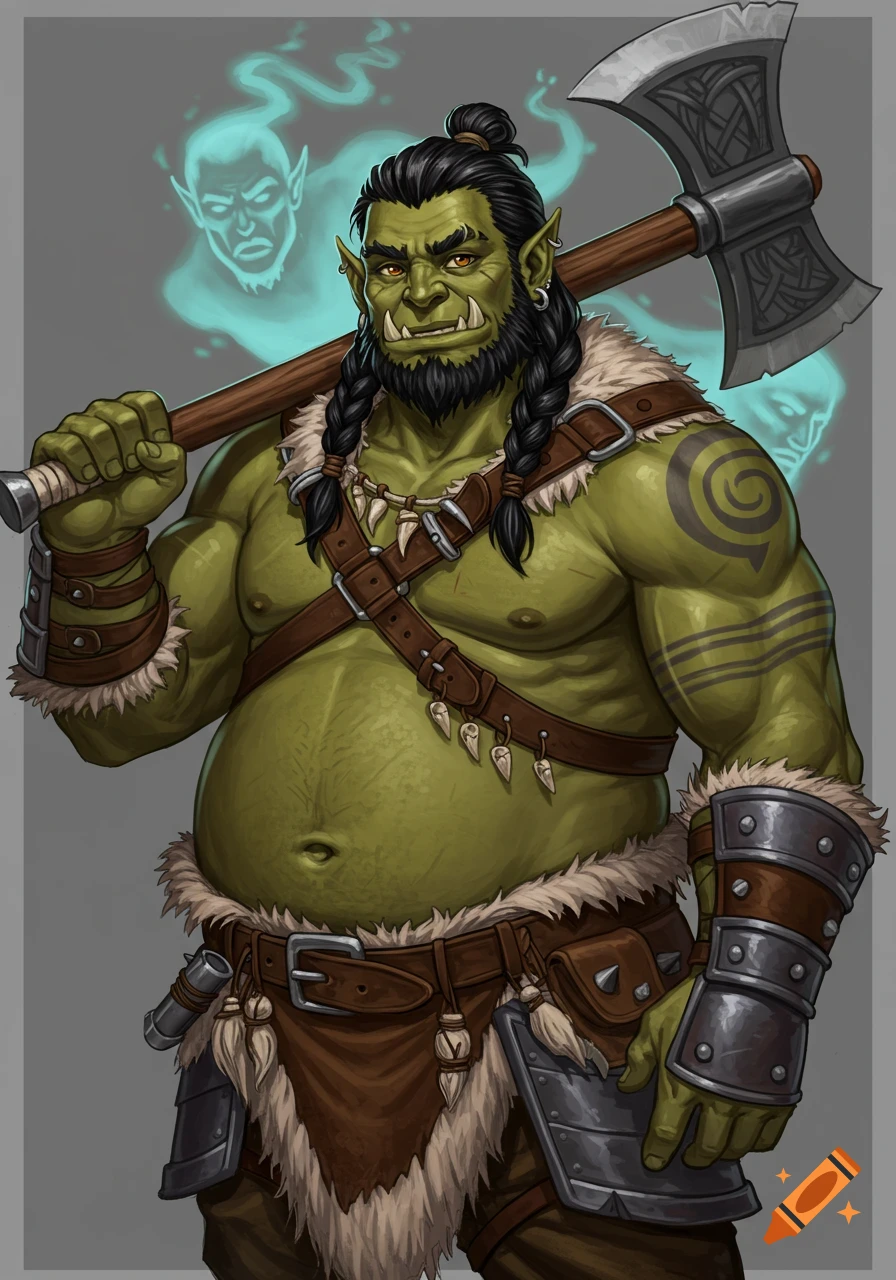 Fantasy portrait of an orc holding an ax with ghostly spirits behind ...