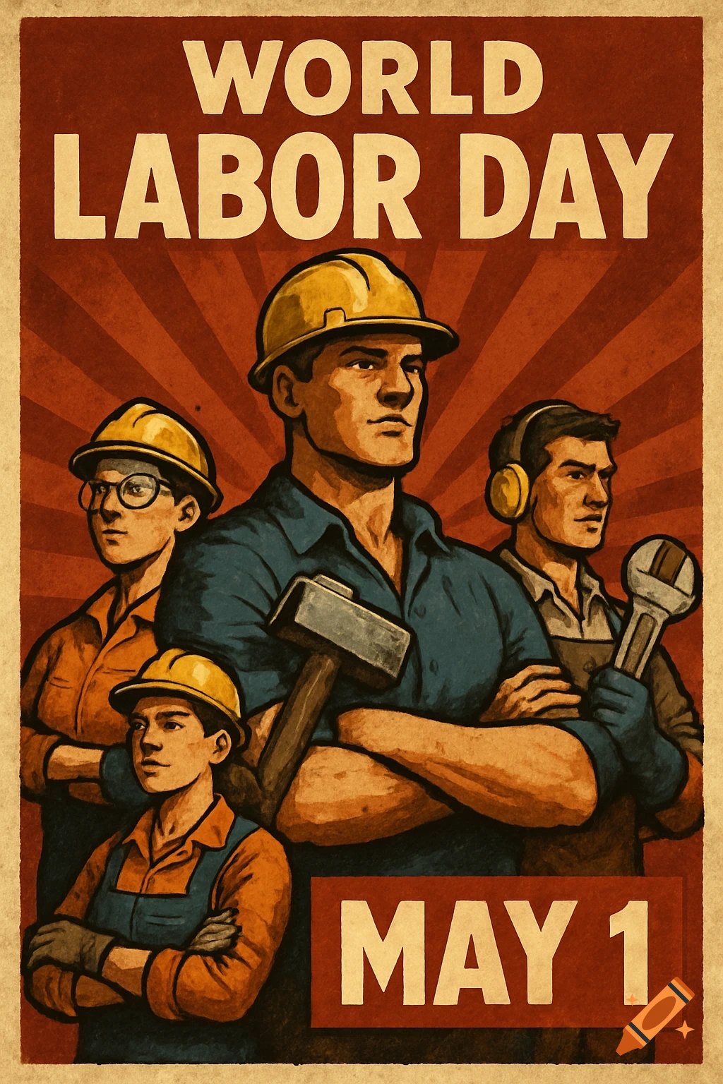 Retro poster shows workers with tools and text 'WORLD LABOR DAY MAY 1 ...