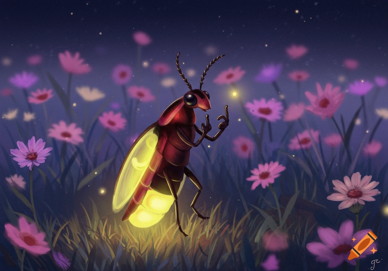 Cartoon firefly standing in a field of glowing flowers at night, making ...