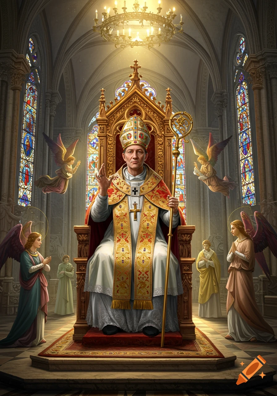 Medieval pope sits on a golden throne in a grand cathedral with stained ...