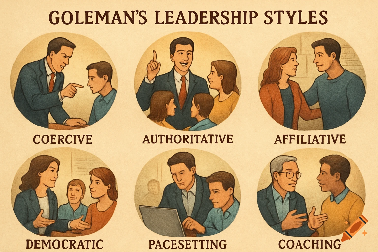 Illustration showing Goleman's six leadership styles: coercive ...