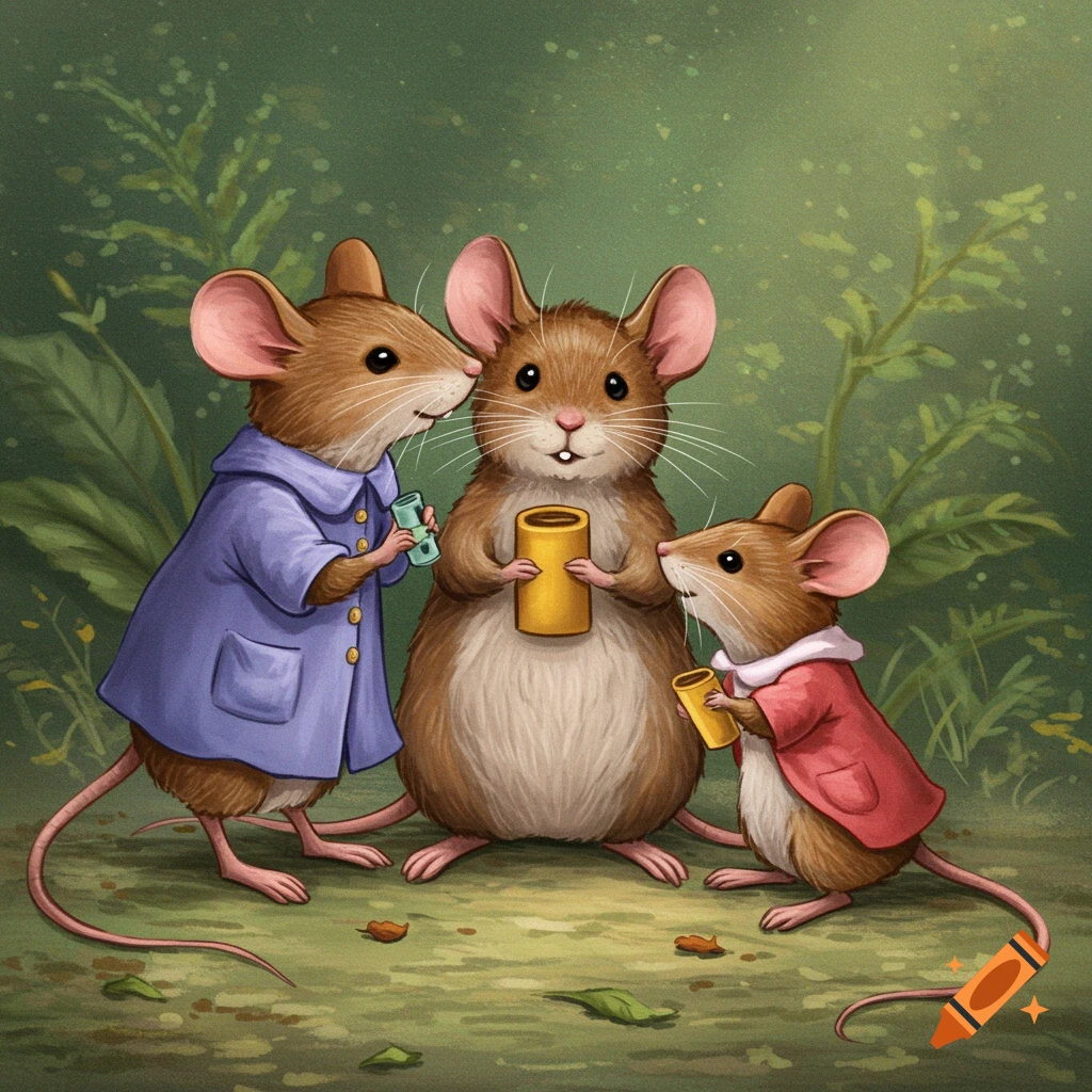 Illustration of three cute mice in coats holding cylindrical objects in ...