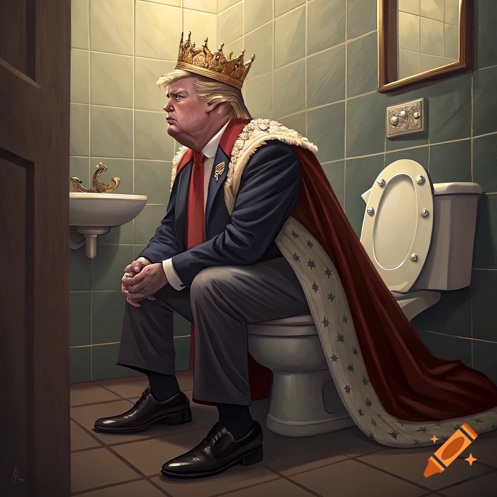 Illustration of Donald Trump wearing a crown and robe sitting on a ...