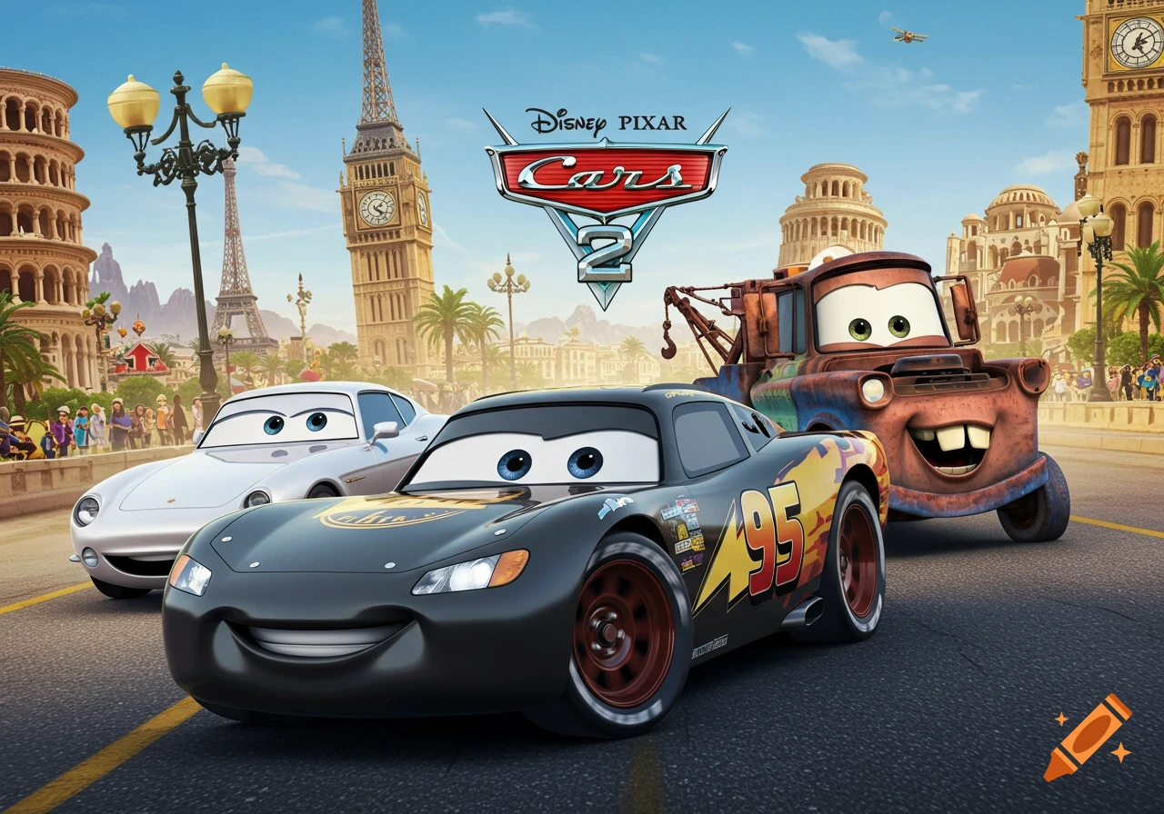 Lightning McQueen, Mater, Finn McMissile, and Holley Shiftwell in front ...