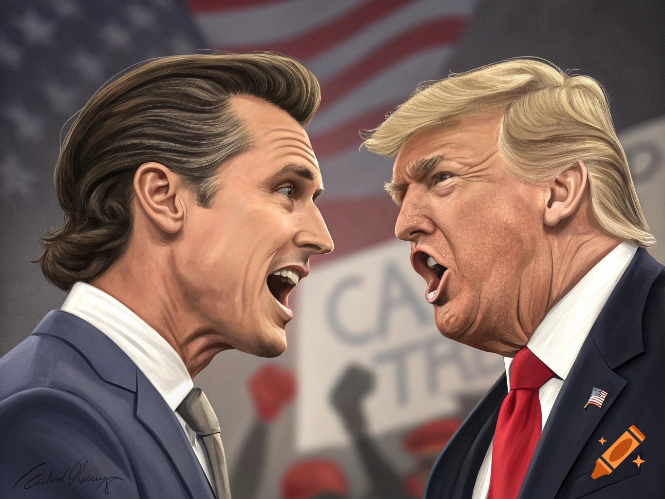 Illustration of two political figures yelling at each other in front of ...