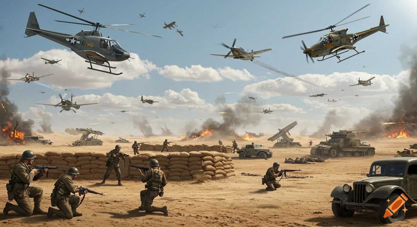 A WW2 desert battle with soldiers behind sandbags, tanks, aircraft, and ...