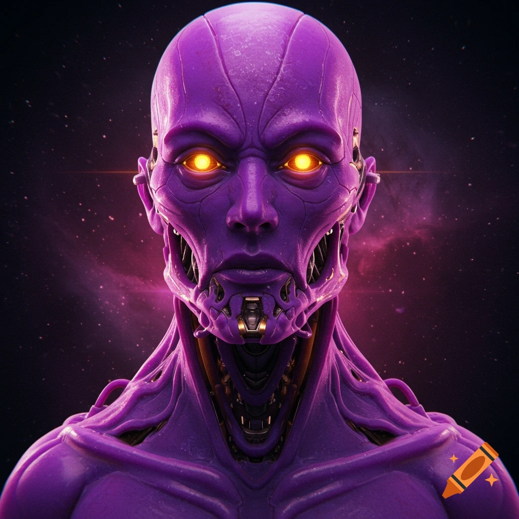 Close-up portrait of a purple cyborg head with glowing orange eyes ...