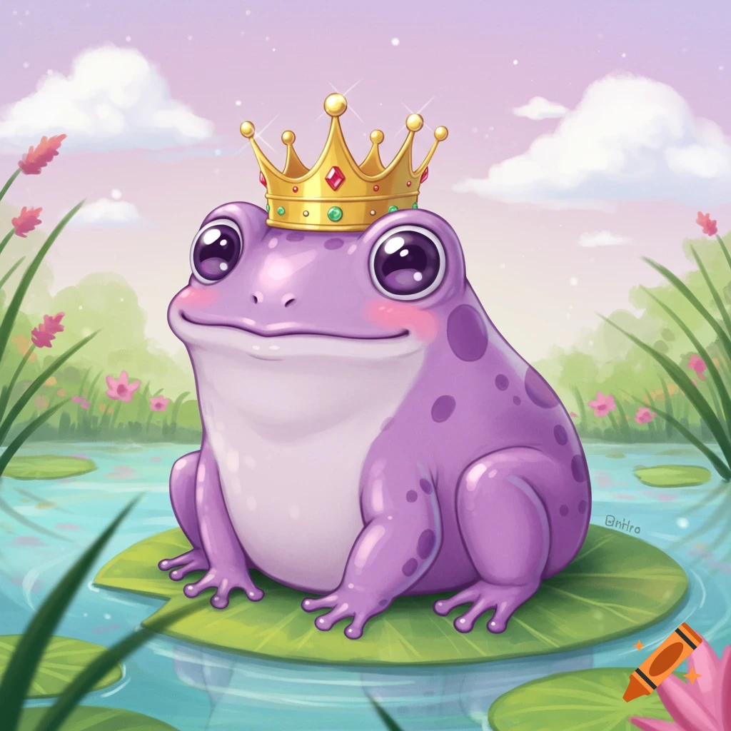 Cute purple cartoon frog wearing a golden crown on a lily pad on Craiyon