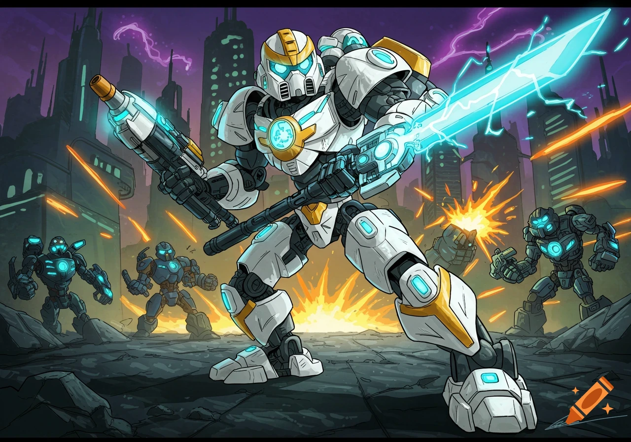 Cartoon robots battle in a futuristic city with swords and guns. on Craiyon