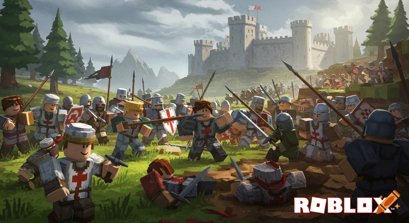 Roblox characters in armor fighting in a medieval battle scene in front ...