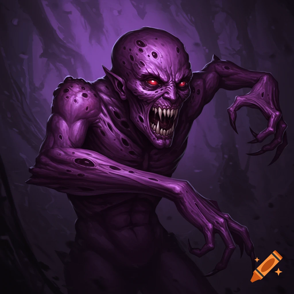 A purple humanoid monster with red eyes and sharp teeth. on Craiyon