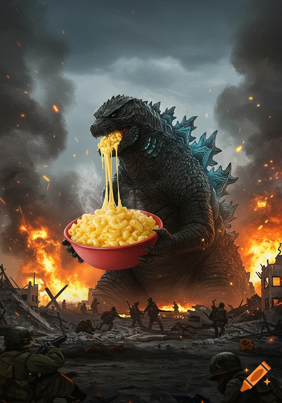 Godzilla eats a giant bowl of mac and cheese in a fiery warzone. on Craiyon