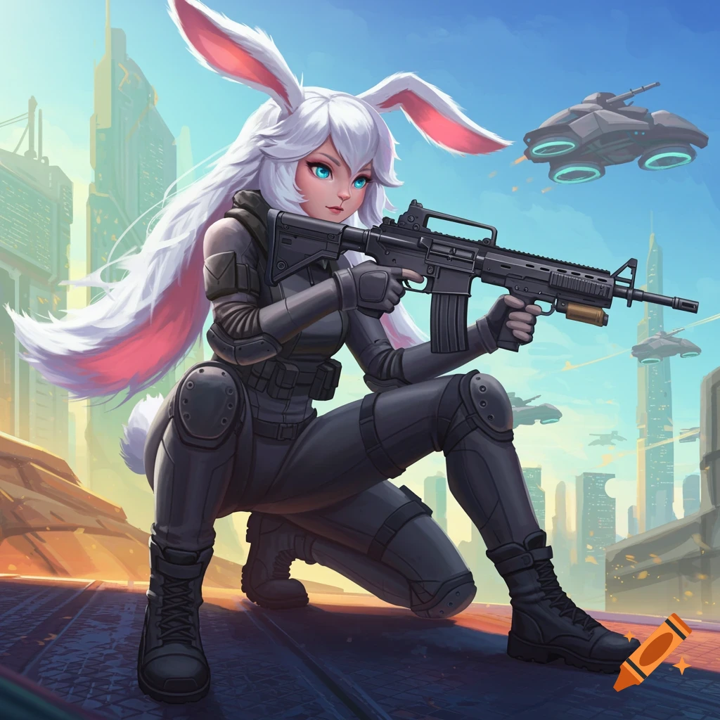 Anime-style tactical rabbit girl kneeling with a rifle in a futuristic ...