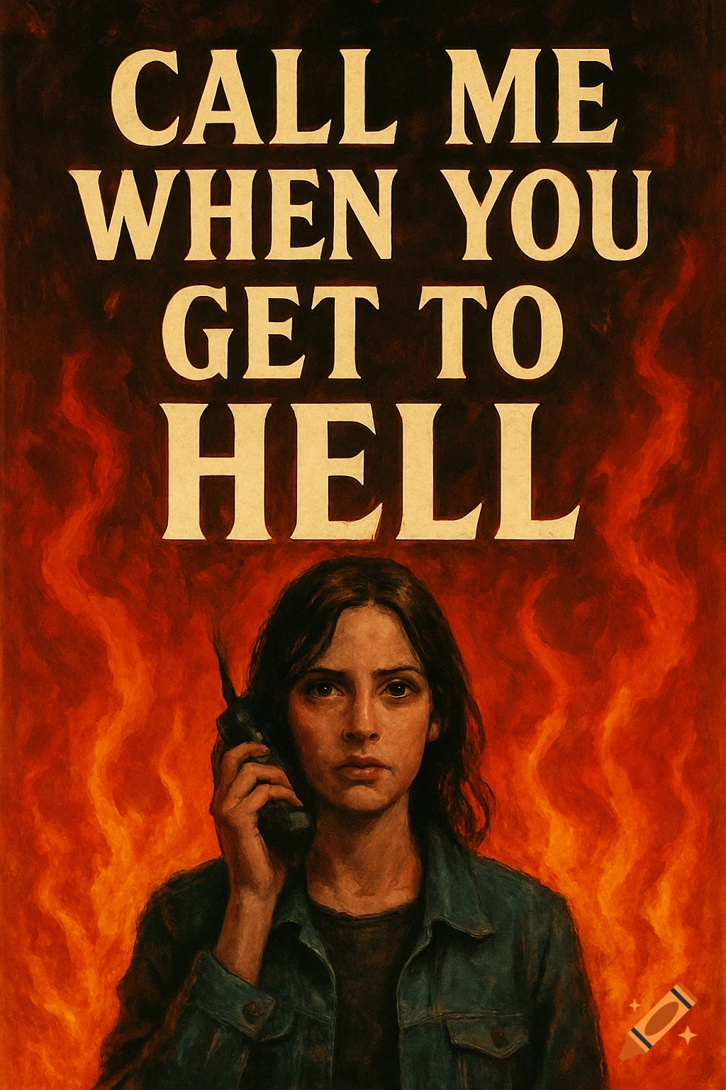 Painting of a woman with a phone against flames, with text 'CALL ME ...