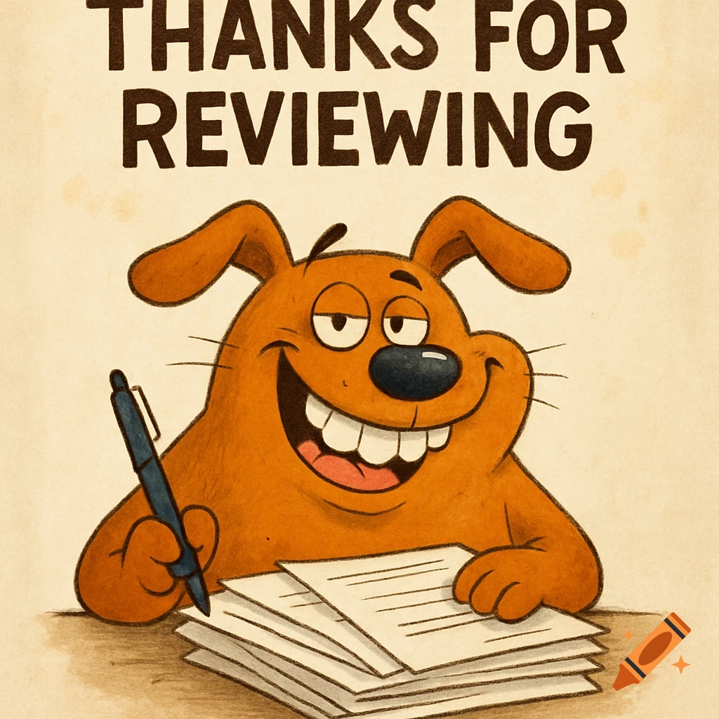 Cartoon dog writing with a pen, sitting with papers, text says 'Thanks ...