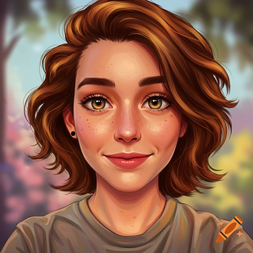 Stylized portrait of a woman with short brown hair and hazel eyes. on ...