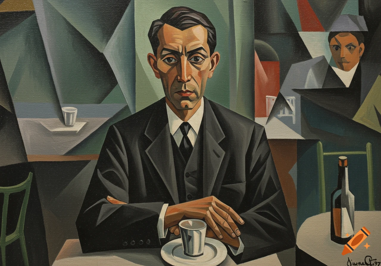 Cubist painting of a man in a suit sitting at a cafe table with a drink ...