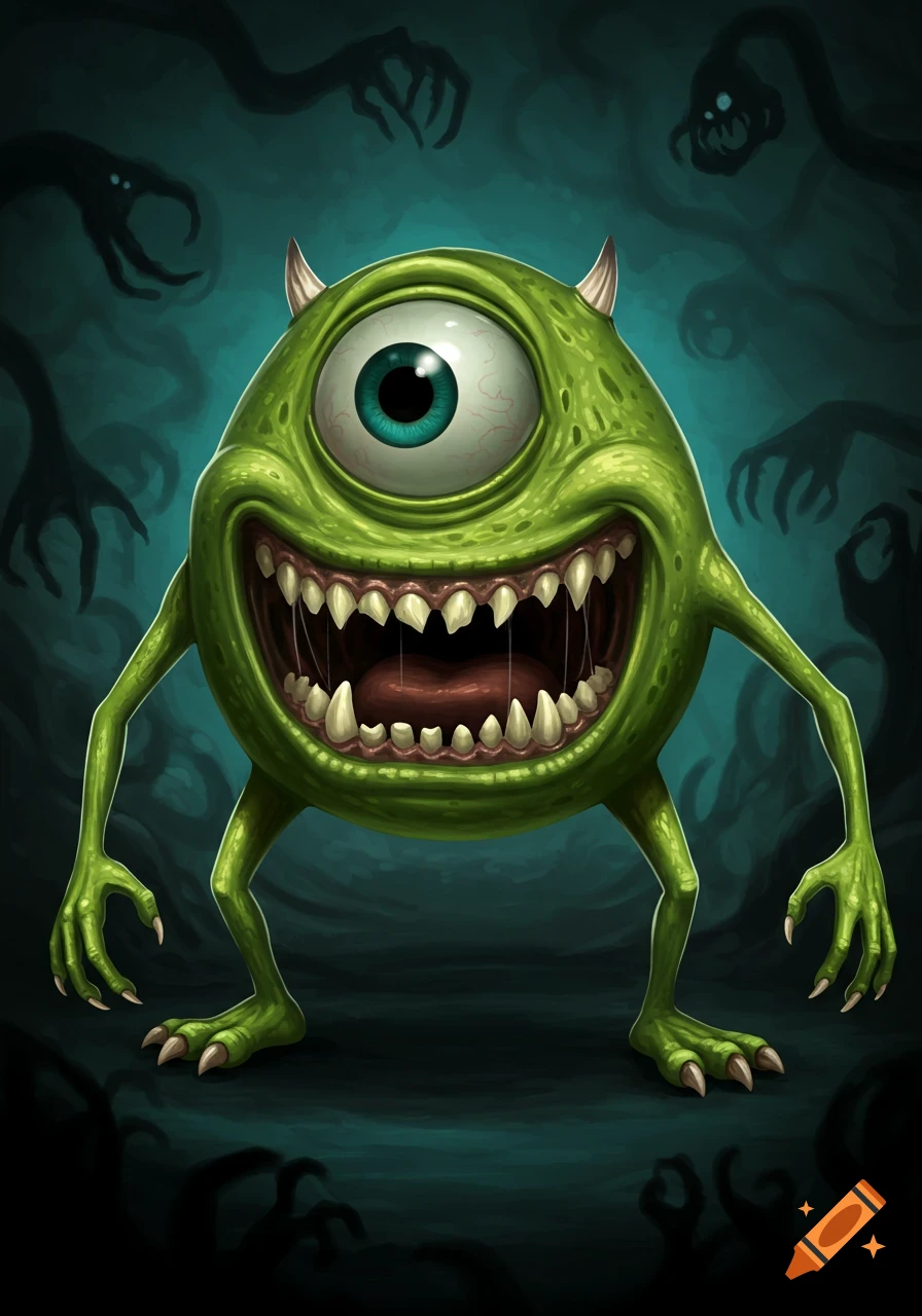 A horror version of Mike Wazowski with sharp teeth and claws, standing ...
