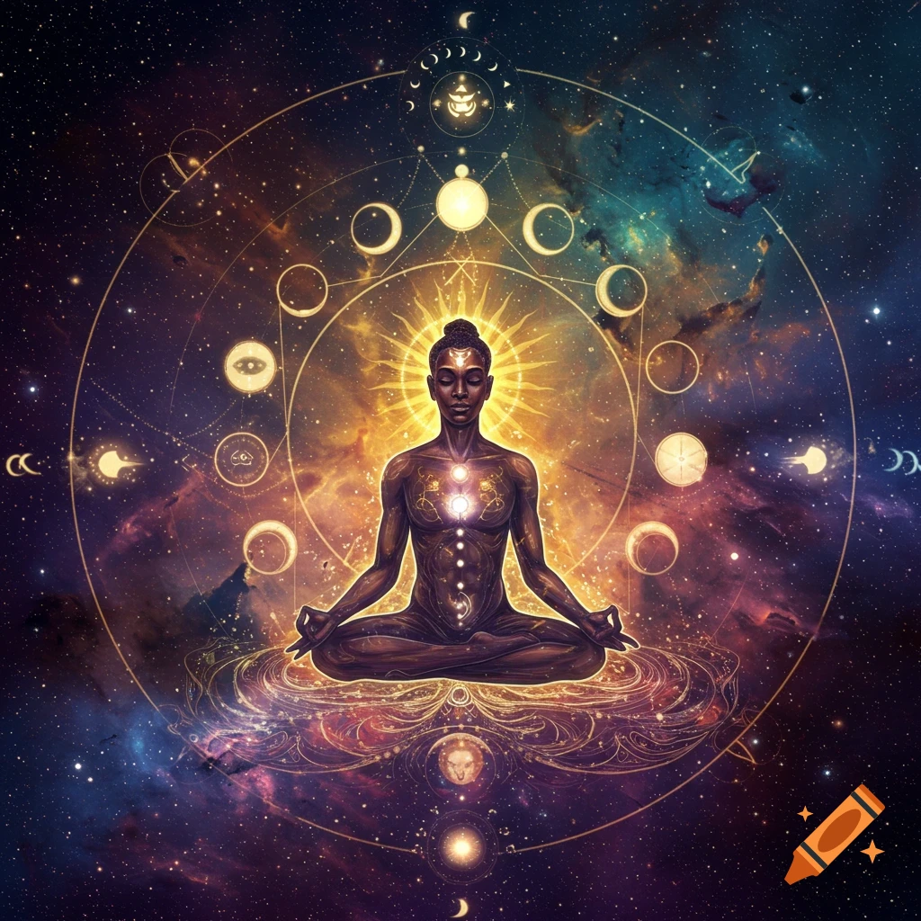 Meditating person in cosmic setting surrounded by spiritual symbols and ...