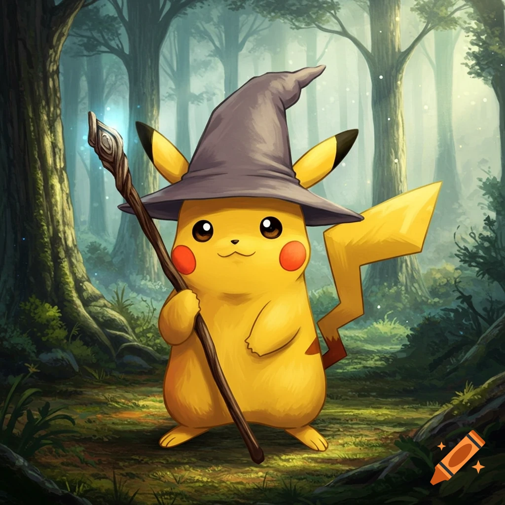 Pikachu wears a wizard hat and holds a glowing staff in a magical ...