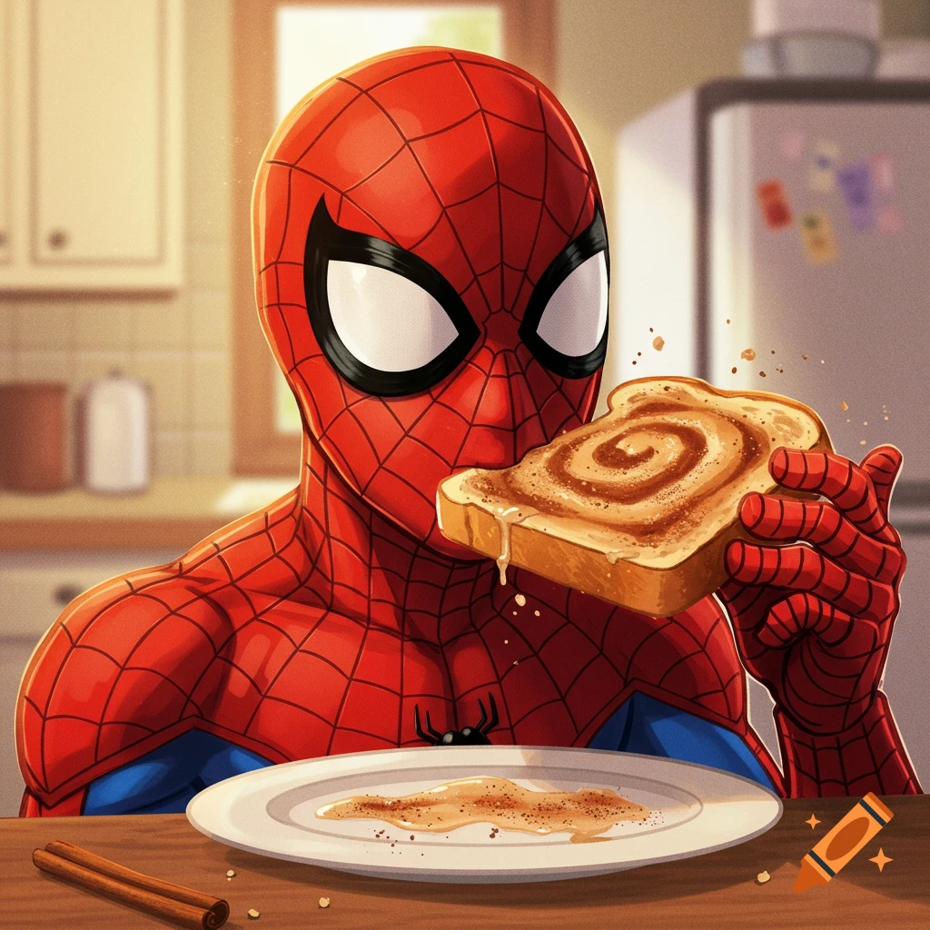 Spider-Man eating cinnamon toast in a kitchen, illustration. on Craiyon