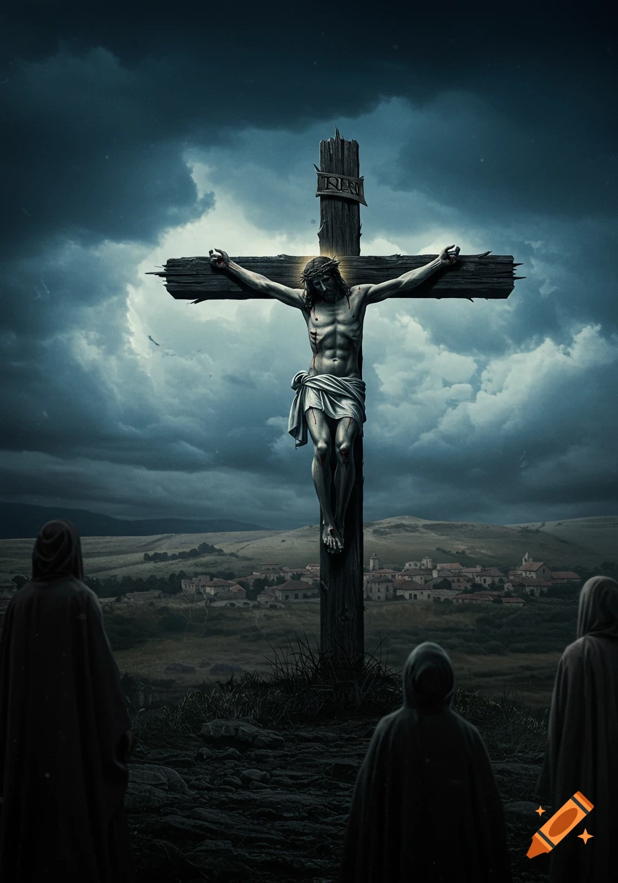 Jesus is crucified on a cross under a dramatic cloudy sky, with figures watching from below. on ...