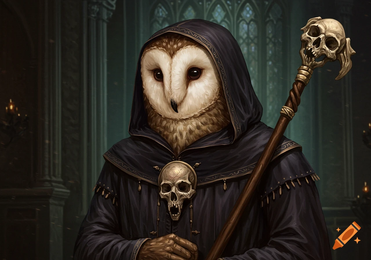 Fantasy art of a humanoid owl in a hooded robe holding a skull-topped ...