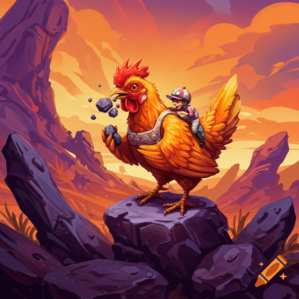 A cartoon chicken with a jockey on its back stands on rocks, eating ...