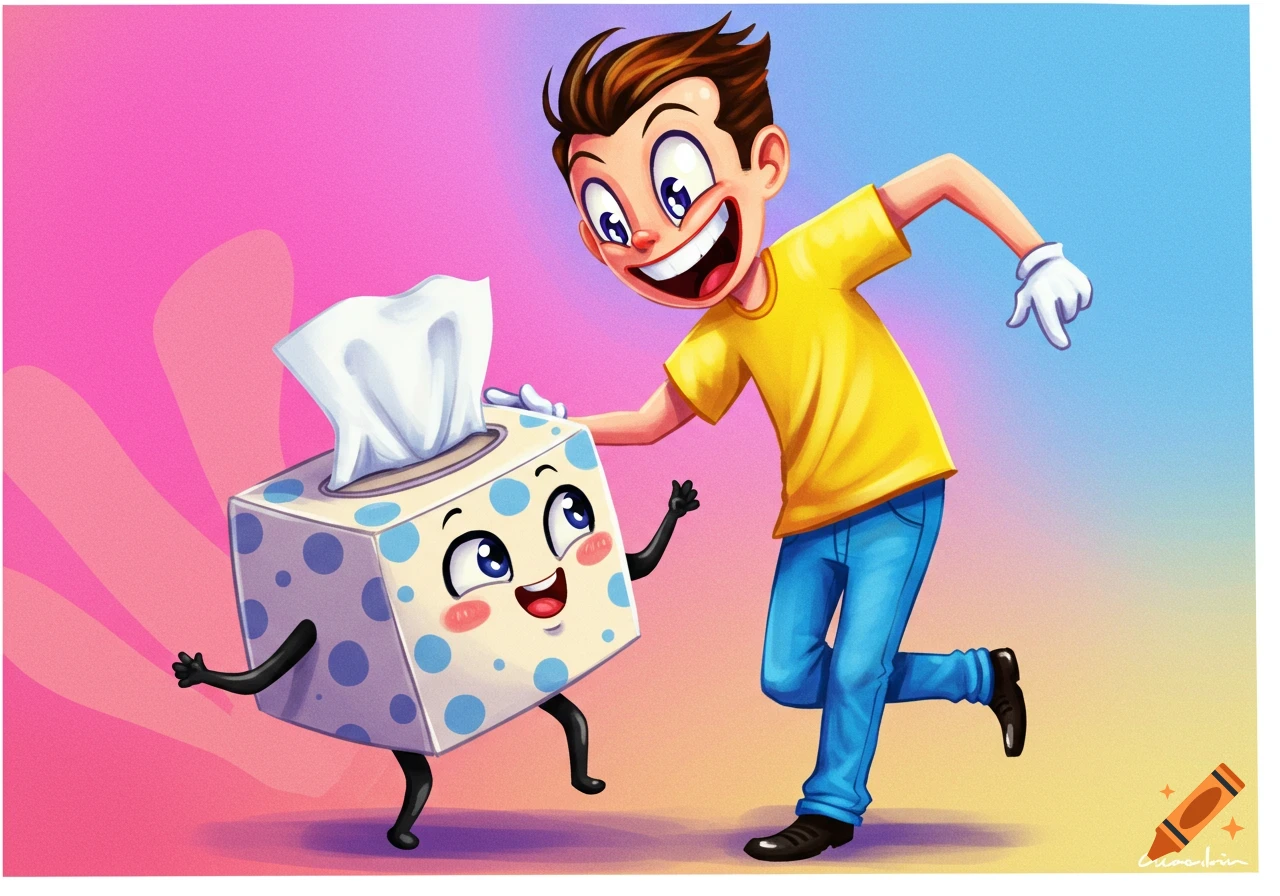 Cartoon boy dancing happily with a personified tissue box. on Craiyon