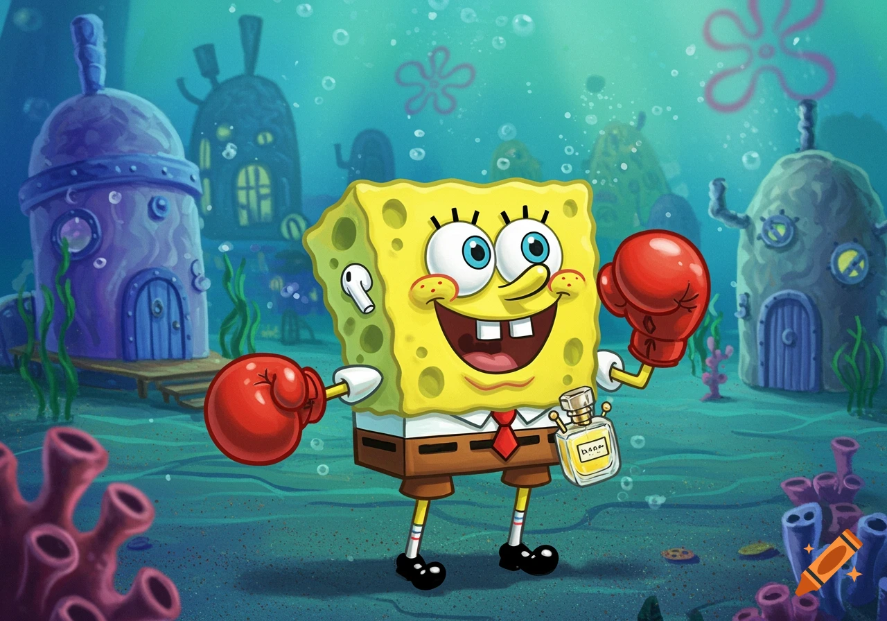 Spongebob Squarepants underwater wearing boxing gloves, holding perfume ...