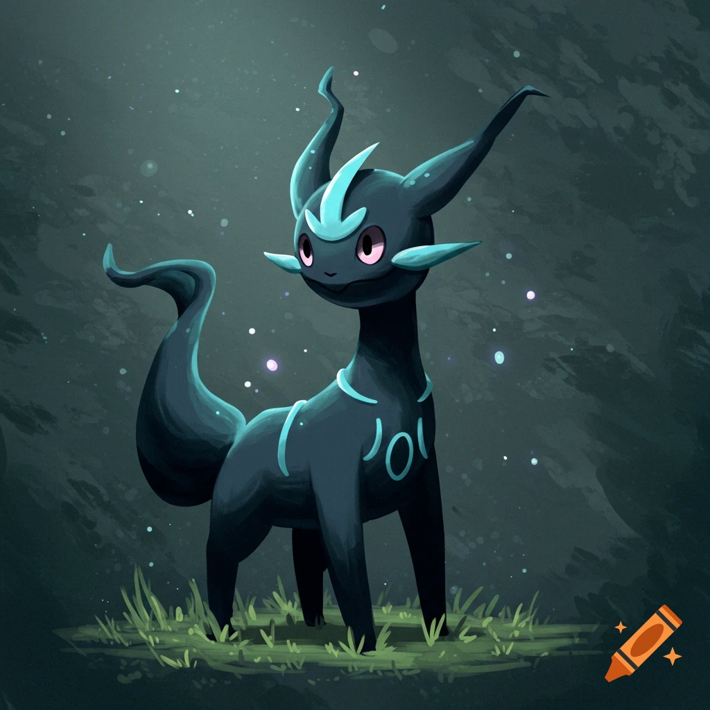 A dark cyan fantasy creature with glowing blue markings stands in grass ...