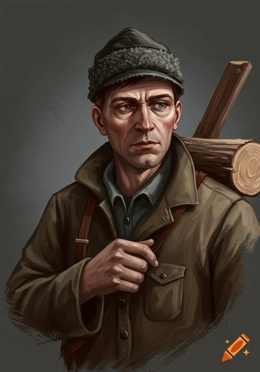 A man wearing a hat and jacket carrying a log over his shoulder ...