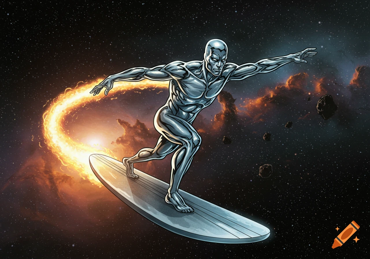 Comic illustration of the Silver Surfer surfing through space with a ...
