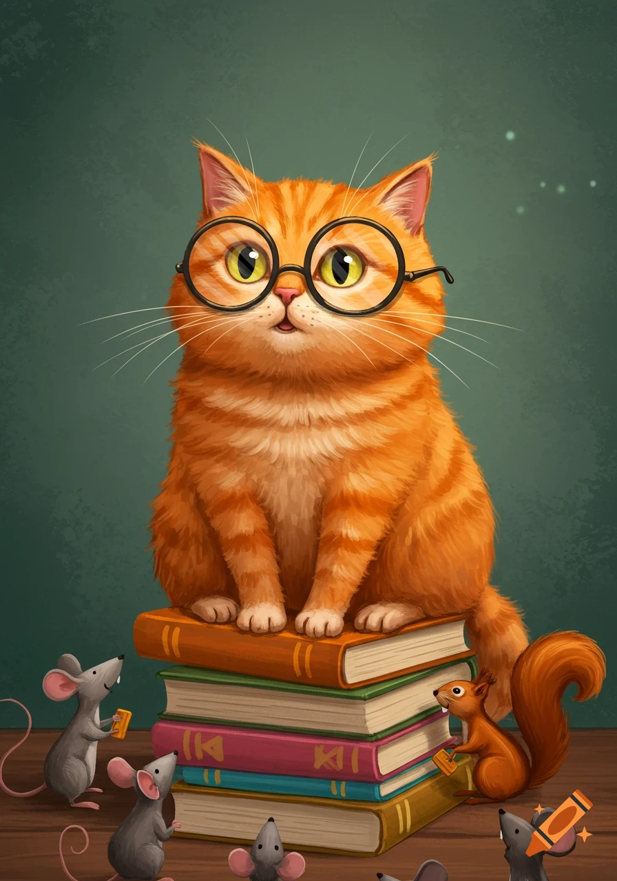 An orange tabby cat wearing glasses sits on a stack of books ...
