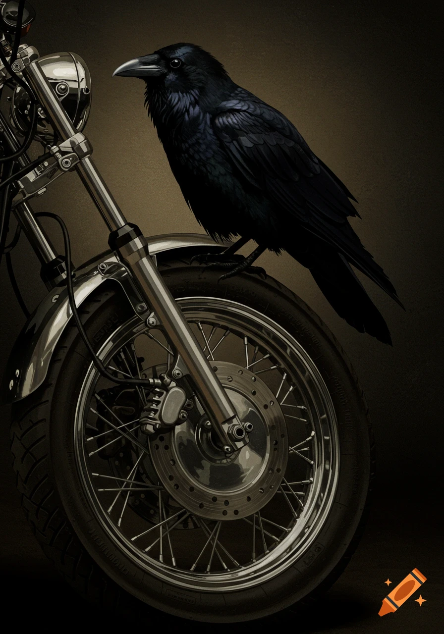 A black raven sits on the front wheel of a motorcycle in a dark ...